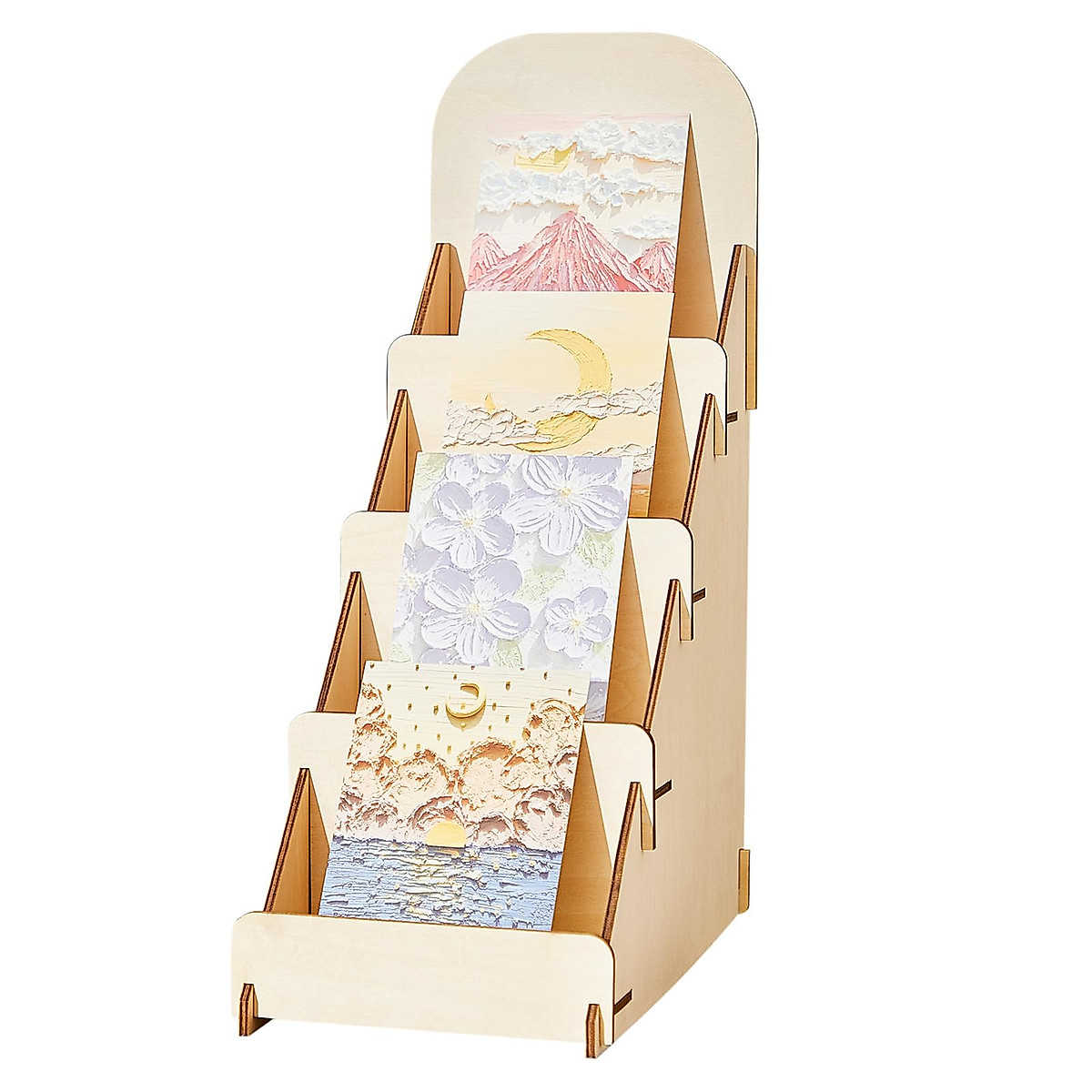 DoubleFill 4 Tier 4 Shelves Greeting Card Display Stand Sticker Display Stand Wood Portable Card Display Rack Multipurpose Greeting Card Holder Wooden Sticker Display Stand for Cards Stickers Photos