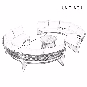 Quarte Outdoor Acacia Wood Round Sofa Set, Half-Moon Sectional Sets with Coffee Table,6-Person Seating Group for Garden, Deck (Beige/Half-Moon*A)