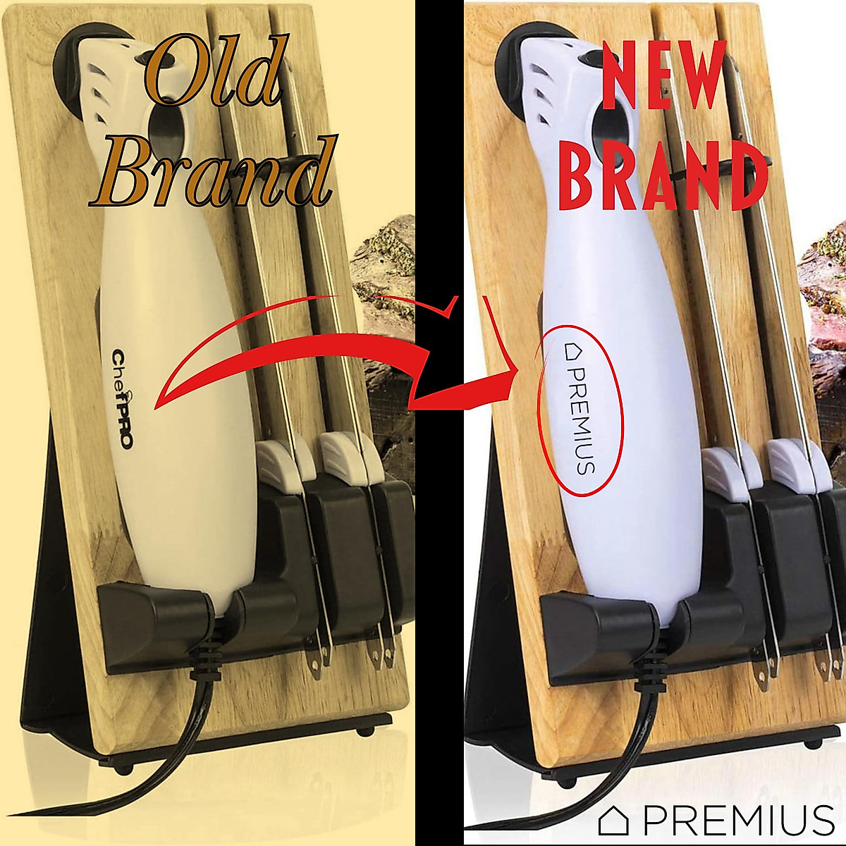 SERRATED CARVING ELECTRIC KNIFE SET By Chef PRO, With Wooden Storage Block, 2 Interchangeable Stainless-Steel Blades, Precise Cutting and Carving of Meats, Fruits, Breads, Comfortable Design, White