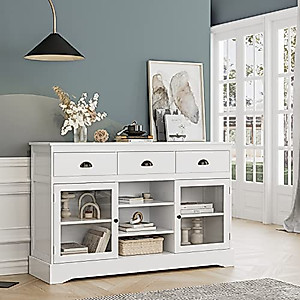 FOTOSOK Modern Buffet Sideboard Cabinet with 2 Glass Door, 3 Drawers and Adjustable Shelves, Kitchen Cupboard Console Table Coffee Bar Cabinet for Dining / Living Room