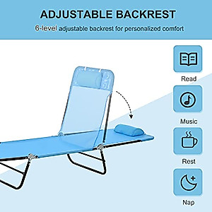 Outsunny Folding Chaise Lounge Chair, Pool Sun Tanning Chair, Outdoor Lounge Chair with Reclining Back, Breathable Mesh Seat, Headrest for Beach, Yard, Patio, Blue