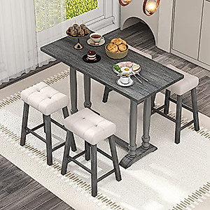 Hlcodca Modern 5-Piece Dining Table Set, Counter Height Dining Furniture with a Rustic Table and 4 Upholstered Stools for Kitchen, Dining Room (Gray@Y)