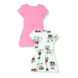 Amazon Essentials Toddler Girls' Knit Short-Sleeve Cinch-Waist Dresses (Previously Spotted Zebra), Pack of 2, Pink Watermelon, 4T