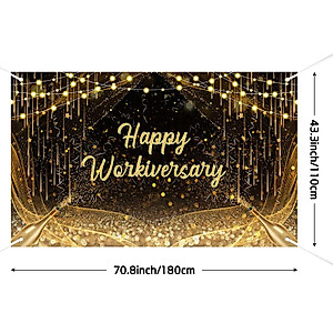 Lofaris Happy Work Anniversary Decorations Black Gold Happy Workiversary Banner Background for Office Party Staff Banner Employee Appreciation Party Decoration 70.8x43.3inch