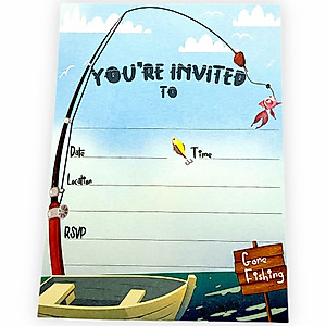 25 Gone Finishing Invitations With Envelopes, Fill In Style You're Invited Birthday Fishing Party For Adult & Kids. Boat & Fishing Rod Design With Sea & Gone Fishing Sign. Thick & Non Coated Cardstock