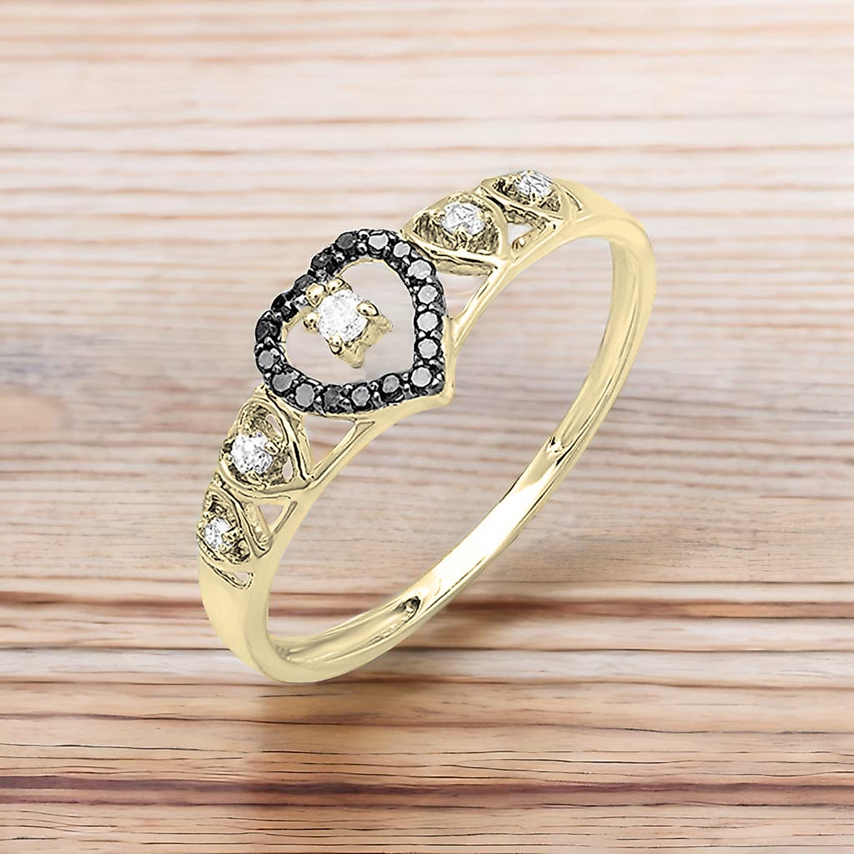 Dazzlingrock Collection 0.15 Carat (Cttw) 10K Black & White Diamond Women Wave Heart Promise Ring, Yellow Gold, Size 9