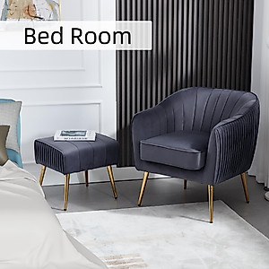 Westice Accent Chair, Upholstered Arm Chair Velvet Sofa Chair with Ottoman Footrest for Living Room Bedroom Reading Room Apartment Office, Gray