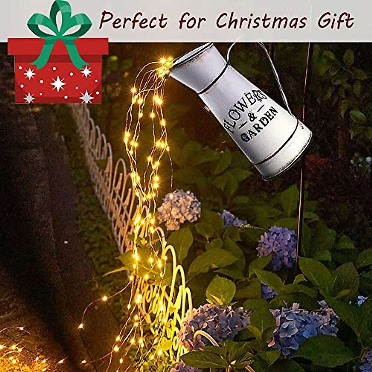 soltuus Solar Watering Can with 6.6ft Cascading Lights, Including Metal Watering Can and 180 LED Solar Powered Waterfall Lights, Christmas Gift for Mom, Decorative for Outdoor Garden Patio