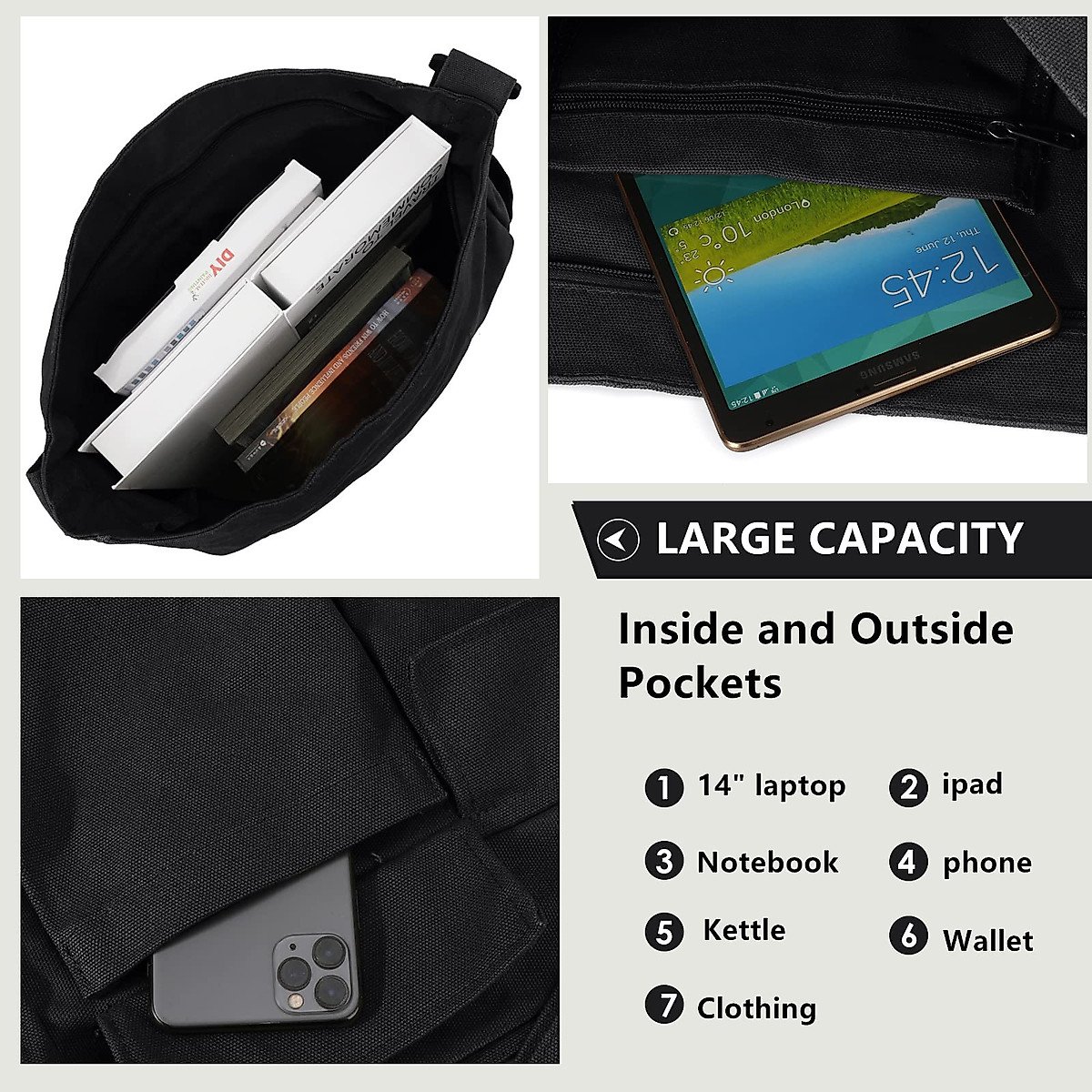 Canvas Messenger Bag Large Hobo Crossbody Bags with Multiple Pockets,School Vintage Shoulder Laptop Bag for Women and Men-Black