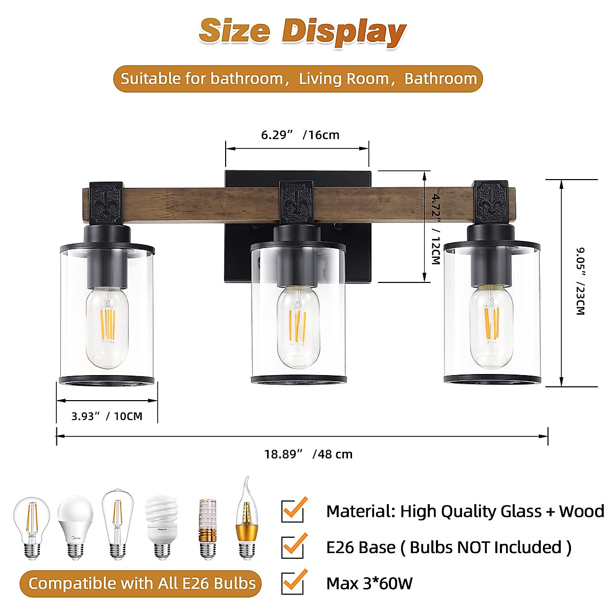 Elegant Wood Bathroom Vanity Light Over Mirror, 3 Lights Farmhouse Lights Fixtures, Rustic Wall Vanity Lighting Fixtures with Clear Glass Shade for Living Room, Bedroom, Hallway