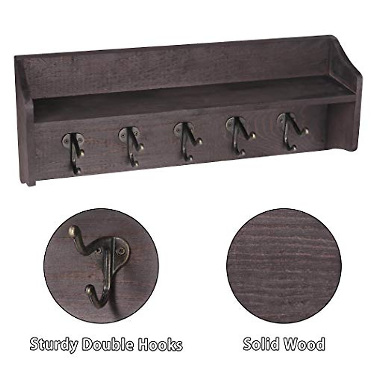 LAVIEVERT Coat Hooks with Storage Shelf Wall-Mounted, Rustic Wood Hanging Coat Rack with 5 Vintage Metal Hooks for Entryway, Living Room, Kitchen, Bathroom