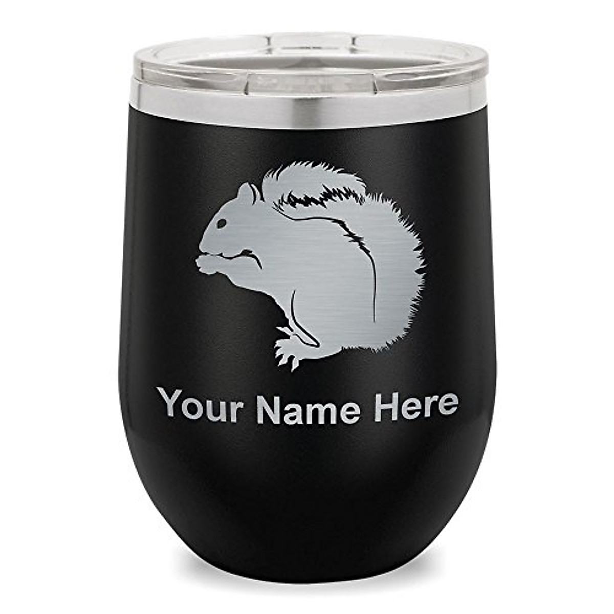 SkunkWerkz Wine Glass Tumbler, Squirrel, Personalized Engraving Included (Black)