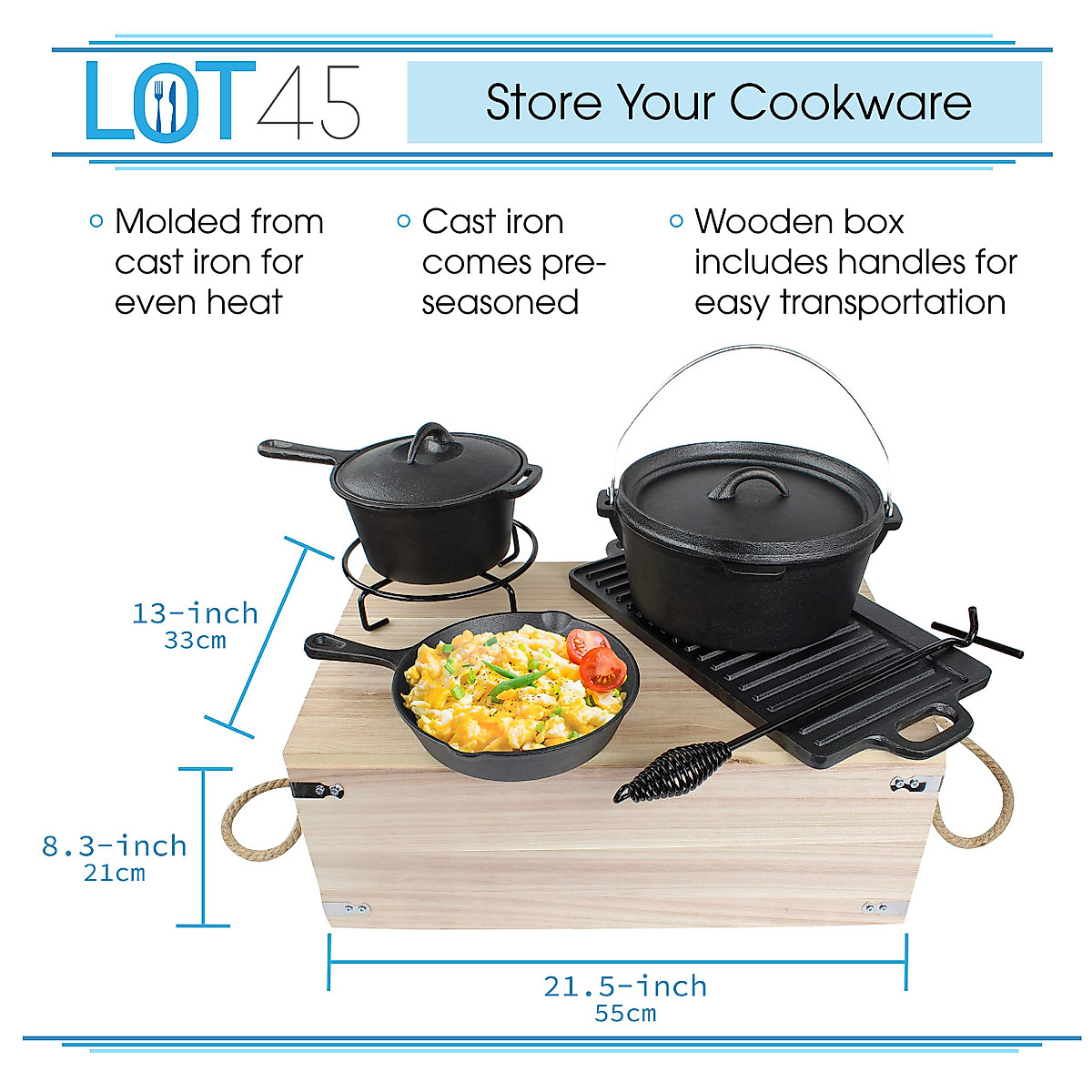 Lot45 Dutch Oven Camping Cooking Set 7pc Cookware - Cast Iron Griddle, 4.5qt Dutch Oven, Frying Pan, 2.5qt Sauce Pan