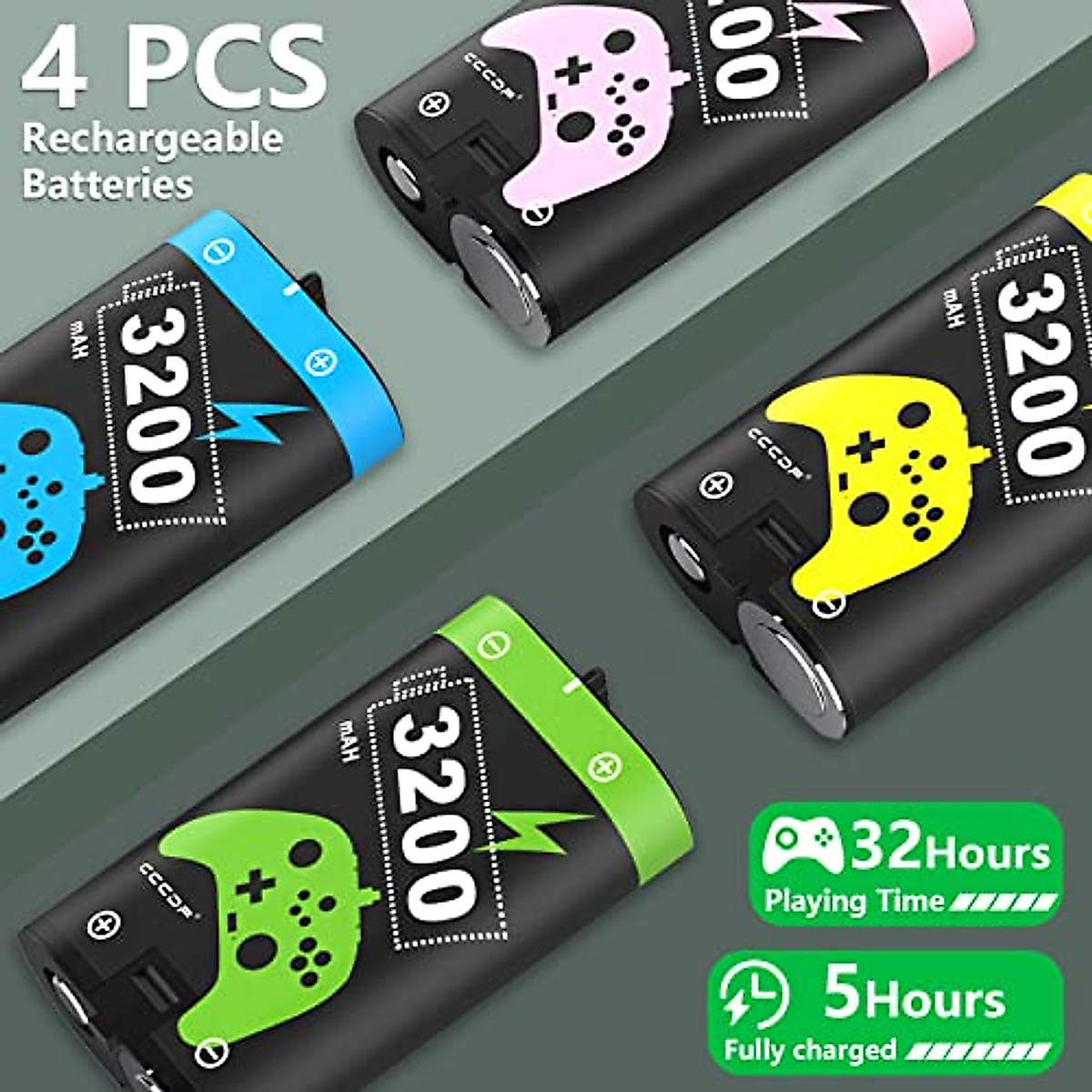 4 Pack 3200mAH Rechargeable Battery Packs with Charger Dock USB Charger Station for Xbox One Controller Xbox Series X|S, Xbox One S/One X/One Elite