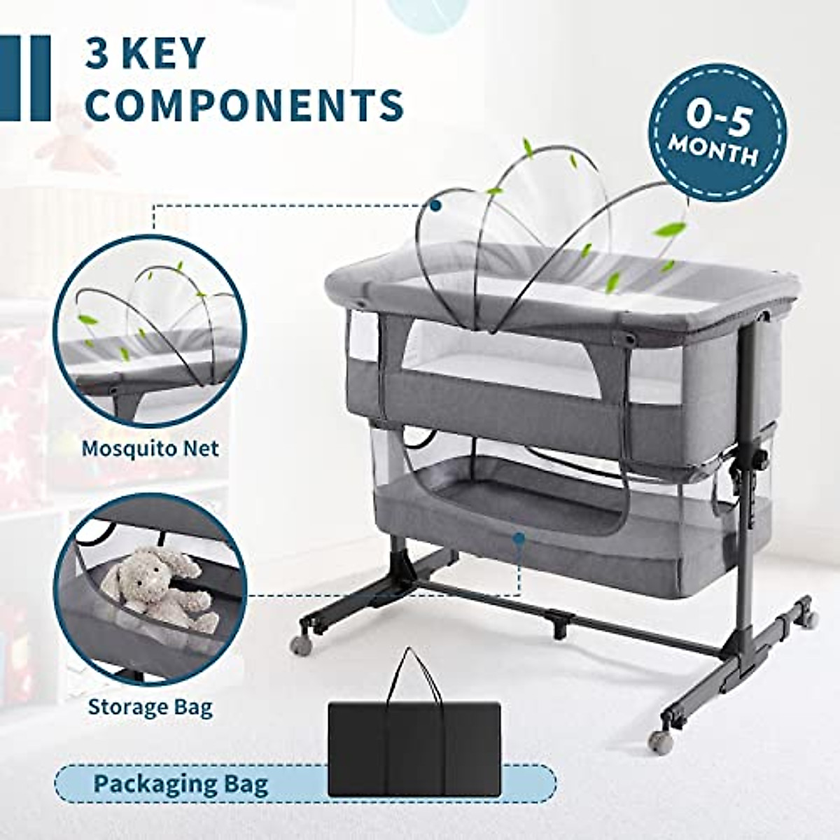 Ihoming Bassinet Bedside Sleeper for Baby, 3 in 1 Convertible Design, lnfant Bed & Bed Side Sleeper & Cradle Bassinets, Newborn Bedside Crib Attaches to Bed, Deep Grey