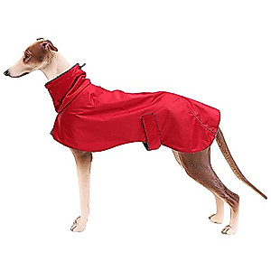 Greyhound Lurcher Winter Coat, Whippet Coat with Padded Fleece, Waterproof Dog Jacket with Adjustable Bands and Zipper Harness Hole - Red - Medium