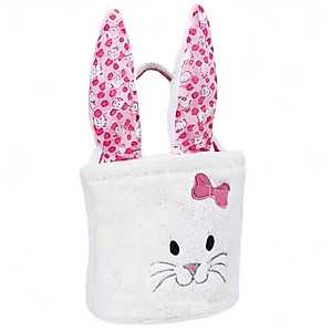 Easter Eggs Basket, Fluffy Bunny Baskets Cute Plush Rabit Basket with Foldable Bunny Ears, Easter Egg Hunts Easter Theme Party Supplies for Boys Girls (Pink)