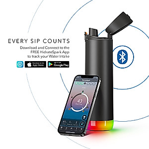 Hidrate Spark PRO Smart Water Bottle – Tracks Water Intake with Bluetooth, LED Glow Reminder When You Need to Drink – Chug Lid, 21oz, Black