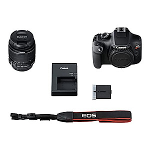Canon EOS Rebel T100 / 4000D DSLR Camera with 18-55mm Lens + 4K Monitor + Mic + Headphones + 2 x 64GB Card + Filter Kit + Case + Photo Software + 3 x LPE10 Battery + More (Renewed)