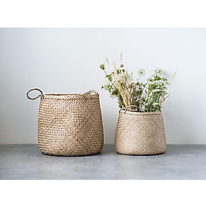 Creative Co-Op Beige Woven Seagrass Basket with Handles (Set of 2 Sizes)