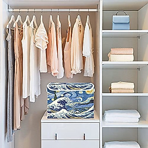 xigua Van Gogh Wave Stars Storage Bins with Lids and Carrying Handle,Foldable Storage Boxes Organizer Containers Baskets Cube with Cover for Home Bedroom Closet Office Nursery