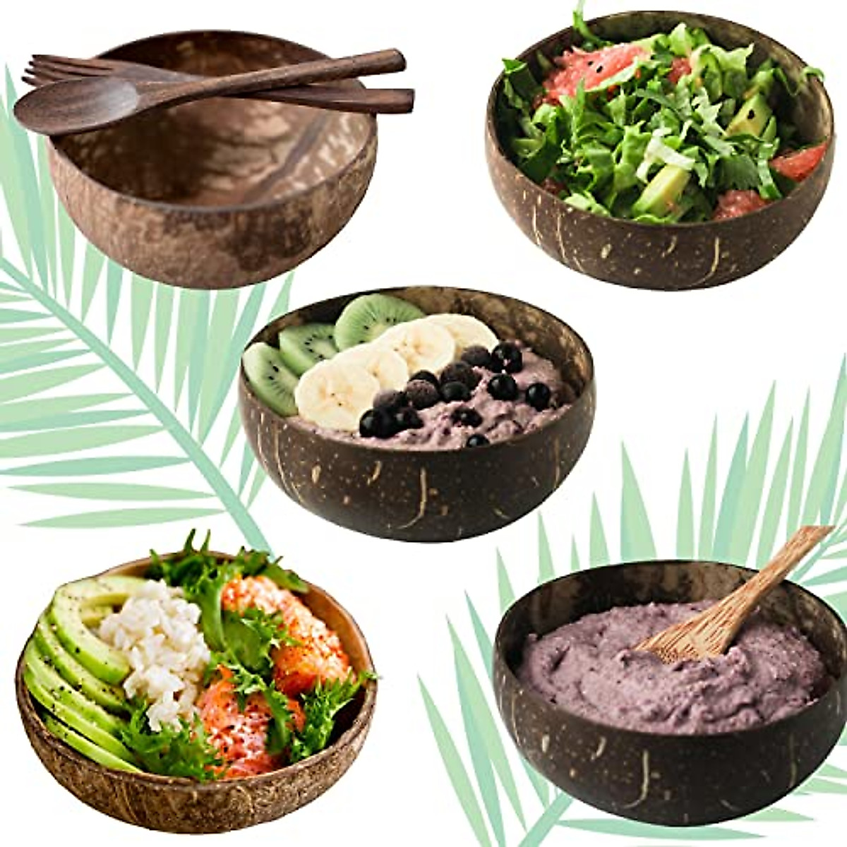 Coconut Bowl with Natural Wooden Spoons (Set of 4), Includes Disposable Drinking Straws - Vegan Organic. Plus BONUS Recipe