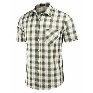 COOFANDY Men's Short Sleeve Plaid Dress Shirt Classic Fit Wrinkle-Free Casual Button Down Checked Shirts with Pocket Green, Large