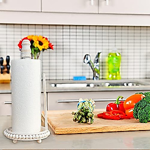 AuldHome Farmhouse Paper Towel Holder (Whitewashed); Wooden Beaded Rustic Disposable Towel Dispenser for Countertop