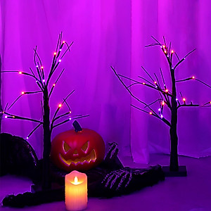 Halloween Decorations Indoor, 2-Pack 2FT Lighted Black Halloween Tree with 48 LED Orange & Purple Lights, Timer Function Battery Operated Halloween Trees Lights Spooky Tree for Tabletop Home Party