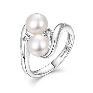 JO WISDOM Pearl Ring,925 Sterling Silver Cubic Zirconia Women's Rings with Two Pearls 7mm White Freshwater Cultured Pearl Ring size 7