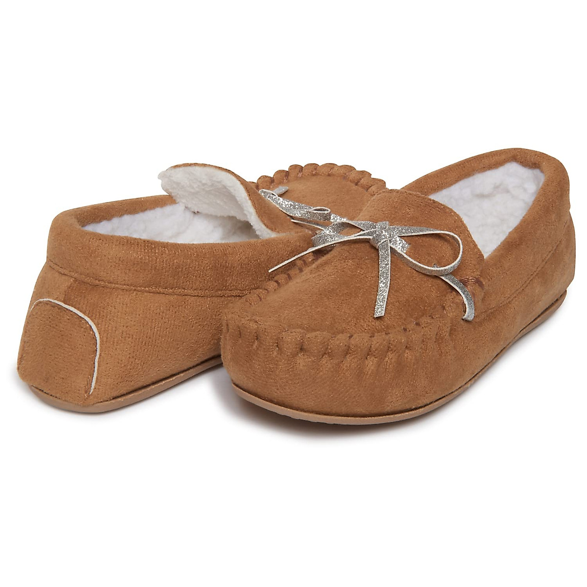Lucky Brand Girls Plush Glitter Bow Moccasin Slippers, Rubber Sole Indoor Outdoor House Shoes, Kids Bedroom Slipper Moccasins, Tan, Size 2-3