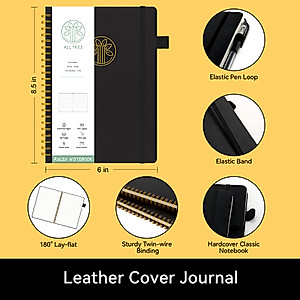 Alltree Lined Journal Notebook, Spiral Notebook for Work, Leather Hardcover Spiral Notebook with Tabs, Pen Loop, Pocket, Stickers, 160 Pages, Journal for Women & Men, Black(6"x8.5")