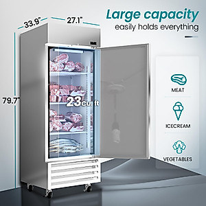 KICHKING 27"W Dynamic Cooling Commercial Freezer 23 Cu. Ft OmniSmart Temperature Control -10℉~10℉ Self Closing Stainless Steel Reach-In Commercial Freezer Digital Thermostat LED Lighting 3 Shelves