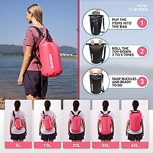 MARCHWAY Floating Waterproof Dry Bag Backpack 5L/10L/20L/30L/40L, Roll Top Sack Keeps Gear Dry for Kayaking, Rafting, Boating, Swimming, Camping, Hiking, Beach, Fishing (Pink, 20L)