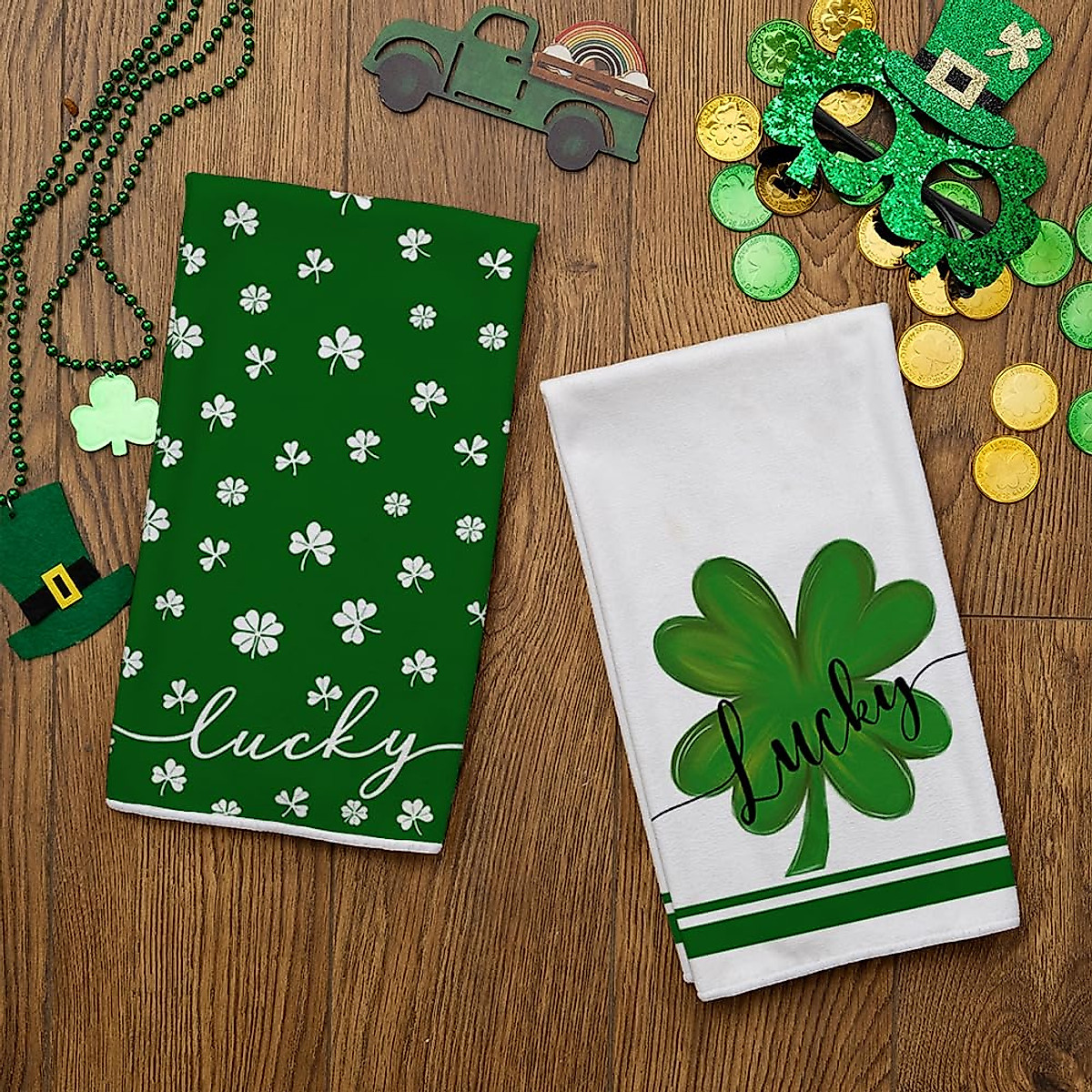 ARKENY St Patricks Day White Shamrock Kitchen Towels Dish Towels St. Patrick's Day Decorations for Home Drying Cloth Lucky Sign 18x26 Inch Stripe Hand Towel for Cooking Set of 2