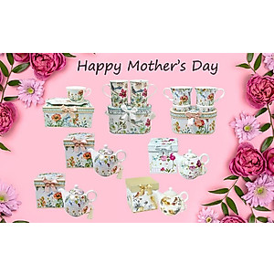 Lightahead® New Bone China Unique Tea Coffee Cup 10 oz and Snack Saucer Set in a Reusable Handmade Gift Box with Ribbon elegant floral design in attractive gift box