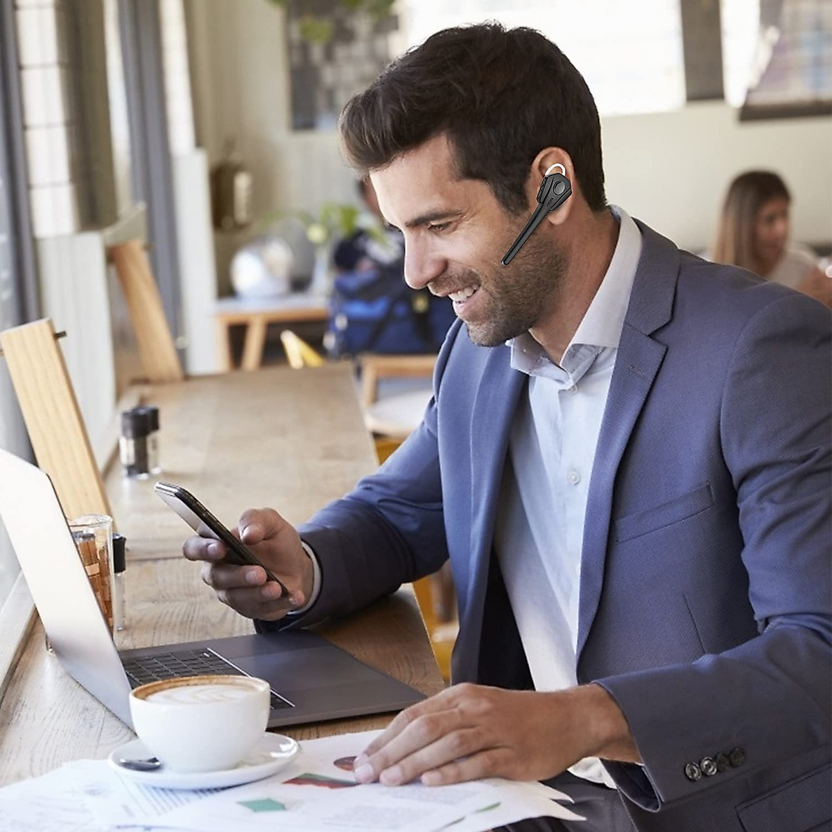 New Bluetooth Earpiece V5.1 Wireless Handsfree Headset with Microphone 24 Hrs Driving Headset 240 Hrs Standby Time for iPhone Android Samsung Laptop Trucker Driver