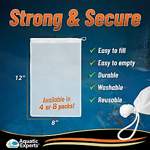 Aquatic Experts 4 Pack Koi Pond Mesh Media Filter Bags - High Flow - 8 inch by 12 inch Pouch with Drawstrings for Activated Carbon - Reusable Water Garden or Aquarium Charcoal Filter Bag (4 Pack)