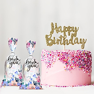 100 Pieces Floral Thank You Treat Bags Floral Cellophane Bags Blessing Candy Bag Flower Pattern Cello Treat Bags with 150 Pieces Silvery Twist Ties for Chocolate Candy Snacks Cookies Birthday Party