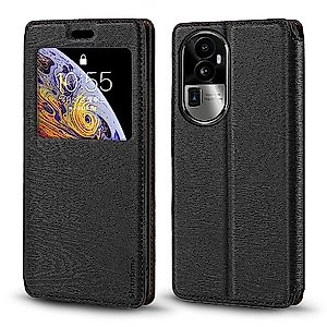 Shantime for Oppo Reno 10 Pro Plus 5G Case, Wood Grain Leather Case with Card Holder and Window, Magnetic Flip Cover for Oppo Reno 10 Pro+ (6.74”) Black