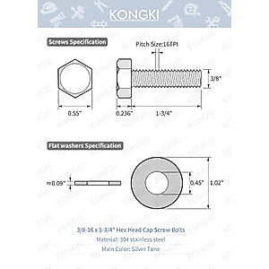 (6 Sets) 3/8-16x1-3/4" Stainless Steel Hex Head Screws Bolts, Nuts, Flat & Lock Washers Kits, 304 Stainless Steel 18-8, Fully Machine Thread, Flat Washers Diameter 1.02"