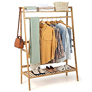 Giantex 3 Tier Bamboo Clothing Rack with Shelves, Heavy Duty Freestanding Clothes Organizer Rack with Coat Hooks, Anti-toppling Device, Cloth Hanger Standing Garment Racks for for Hanging Clothes
