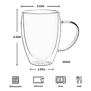 Douria Double Walled Glass Coffee Mugs, Clear Espresso Cups, Coffee tea Mugs Set, Iced Coffee Cup, Glass Mugs for Hot Beverages, Premium Glasses Set, Each 350ml (12Ounces./Set of 2)