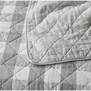 Chezmoi Collection 3-Piece Gray White Plaid Cotton Quilt Set - Buffalo Check Solid Reversible Bedspread - Pre-Washed Cotton Lightweight Coverlet, King Size