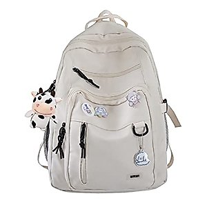 SPORTBANG Cute Aesthetic Backpack for teen girls middle school Bag Student Laptop White Backpacks With Cute pin accessories (White, One Size)