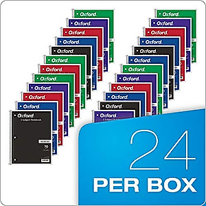 Oxford Spiral Notebooks, 1-Subject, College Ruled Paper, 70 Sheets, 24 per Pack, Colors May Vary (65021)