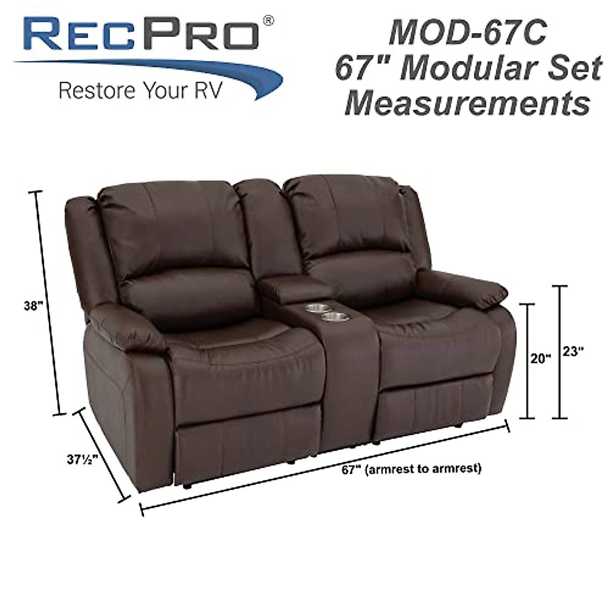 RecPro Charles Collection | 67" Double Recliner RV Sofa & Console | RV Zero Wall Loveseat | Wall Hugger Recliner | RV Theater Seating | RV Furniture | RV Living Room (Slideout) Furniture | Mahogany