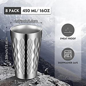 Mimorou 8 Pack 16oz Stainless Steel Cups Pint Cup Metal Double Layer Insulated Drinking Cups Beer Water Tumbler Camping Reusable Stackable Cup for Office Party Hot Cold Drink