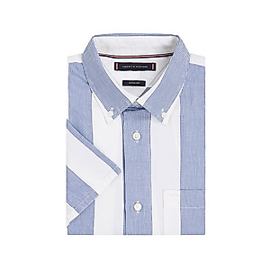 Tommy Hilfiger Men's Short Sleeve Linen Blend Shirt, Regular Fit, Ultra Blue/Optic White, Medium