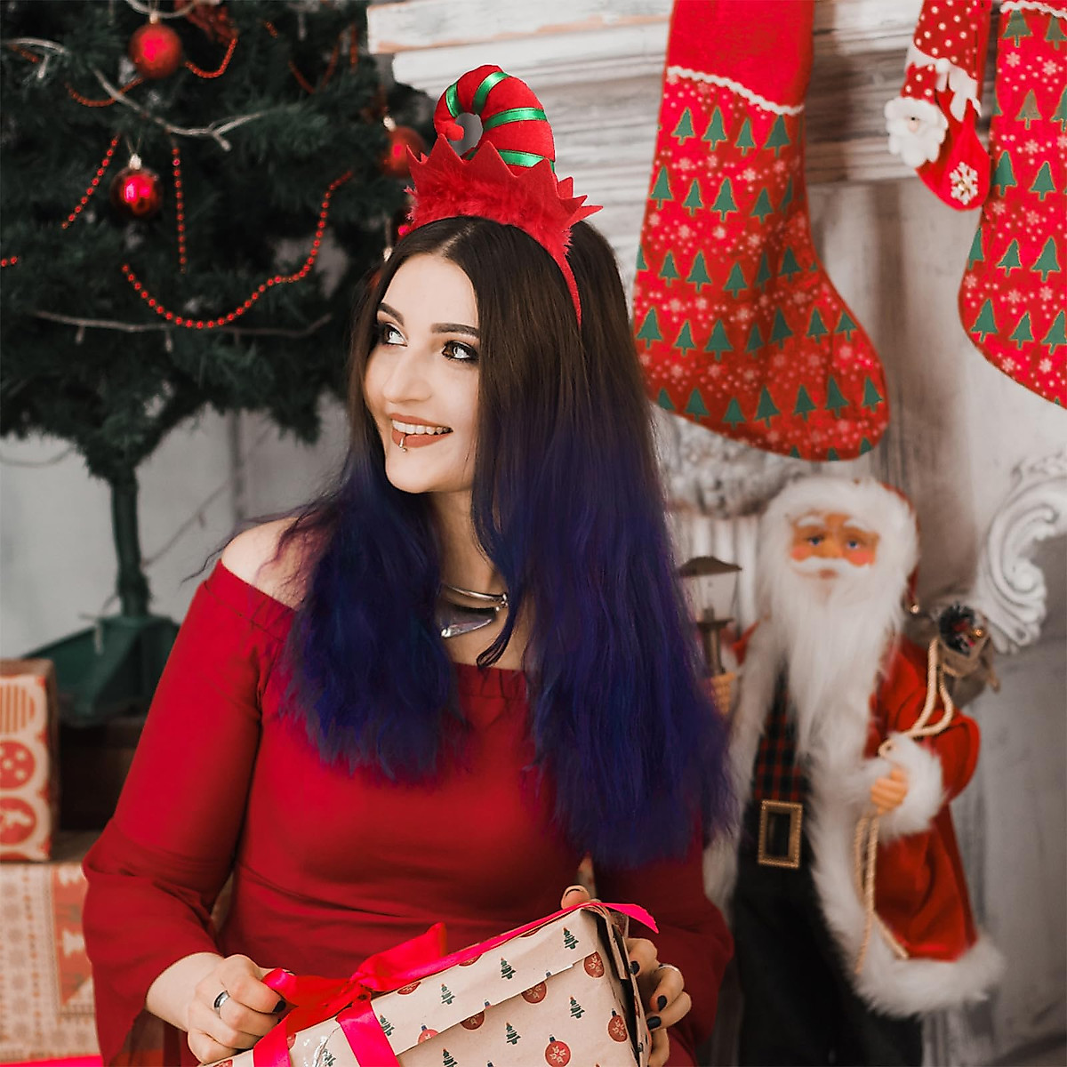 WILLBOND 2 Pieces Christmas Reindeer Antlers Headband Elf Hat Headband Deer Headband for Women Christmas Party Favors(Ox Horn)